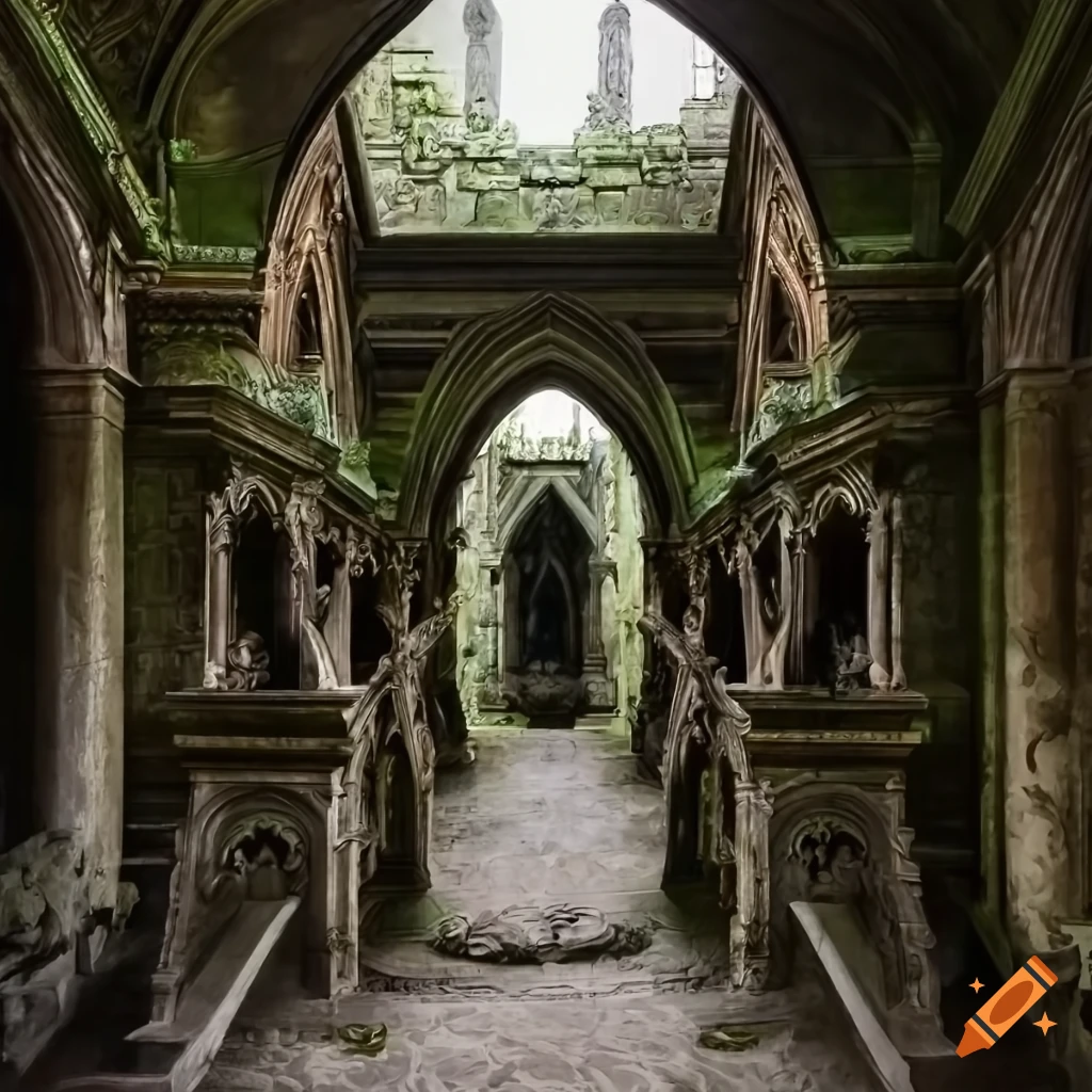 Decrepit elven castle foyer with gothic statues