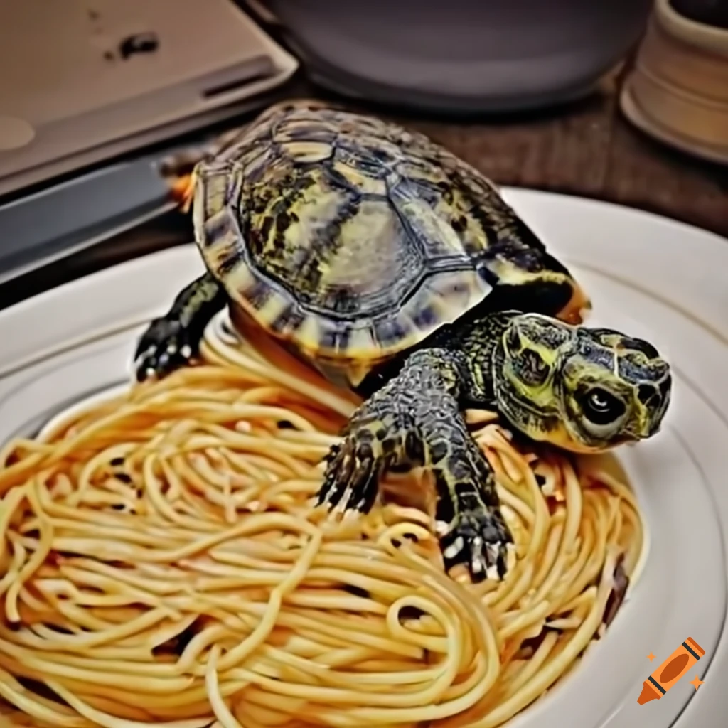 Turtle enjoying spaghetti at a desk