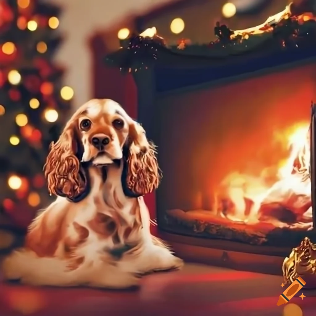 Cozy christmas scene with a cocker spaniel