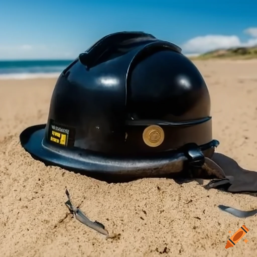 Black firefighter's helmet on the sandy beach on Craiyon
