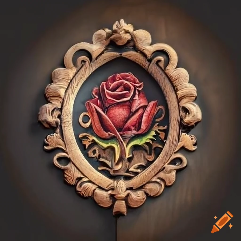 Wooden sign with an etched rose flower emblem on Craiyon