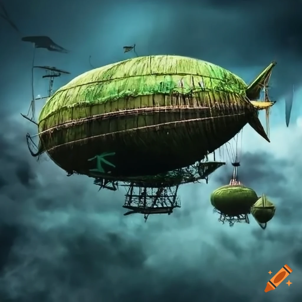 Steampunk airships flying over a tropical city on Craiyon