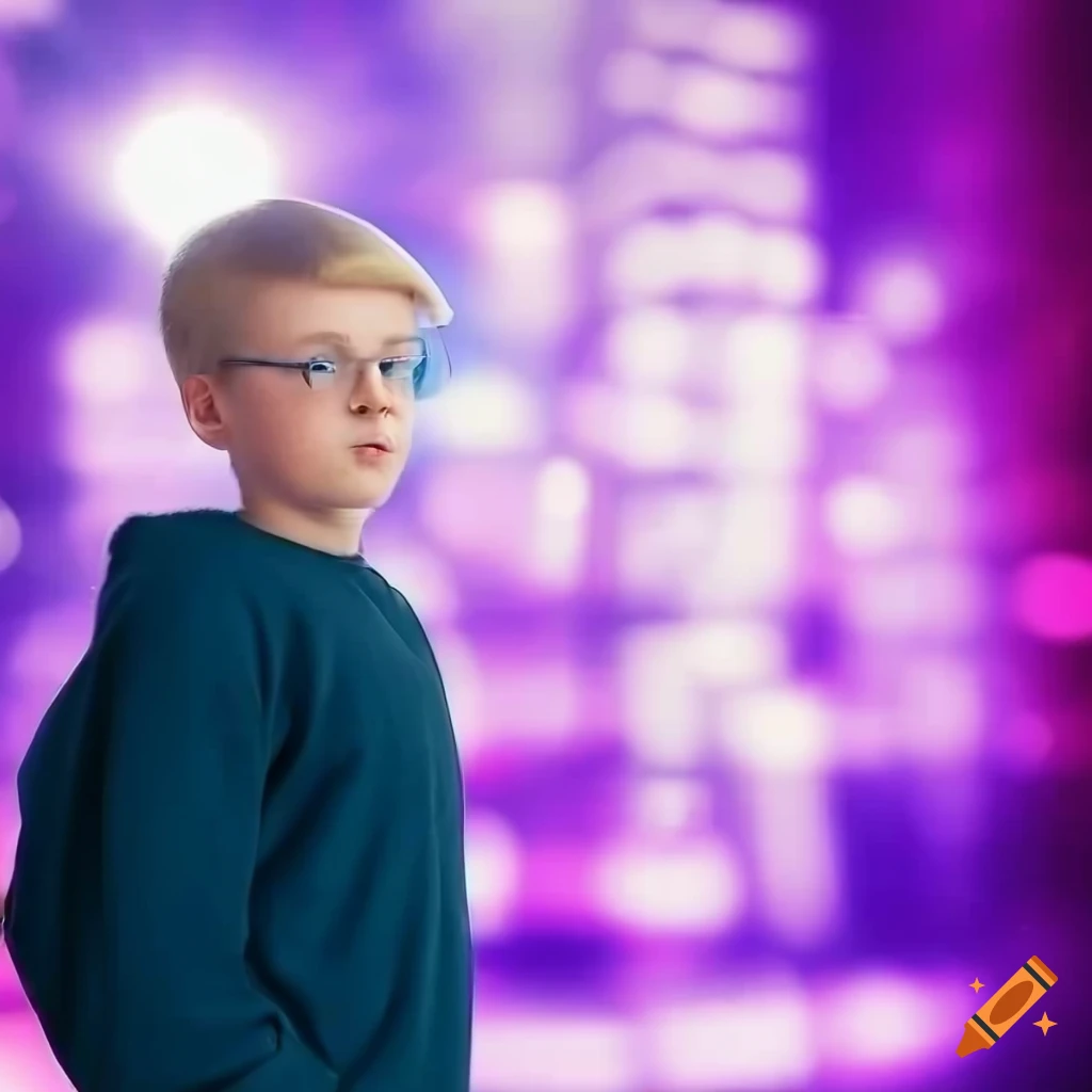 Portrait of a fashionable young cyborg boy in a futuristic metropolis ...