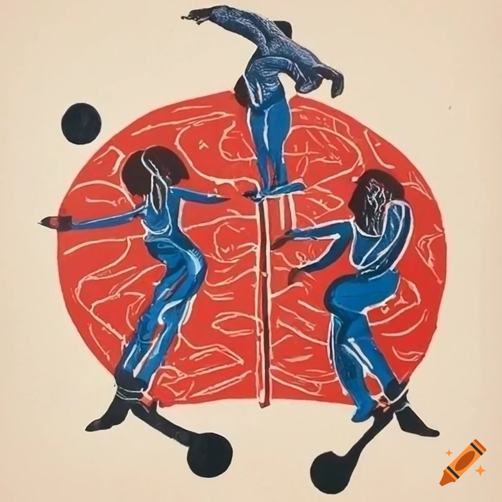 Lino print of circus performers on Craiyon