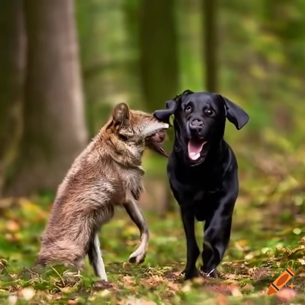 Brave black labrador retriever facing a wild wolf on Craiyon