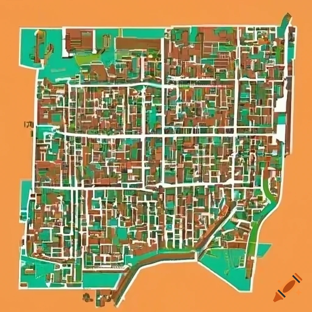 Chart map with houses, city hall, museum, stores, schools, tenements ...
