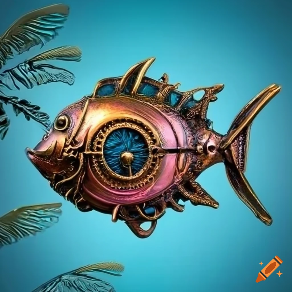 Bronze-copper steampunk airship over tropical beach on Craiyon