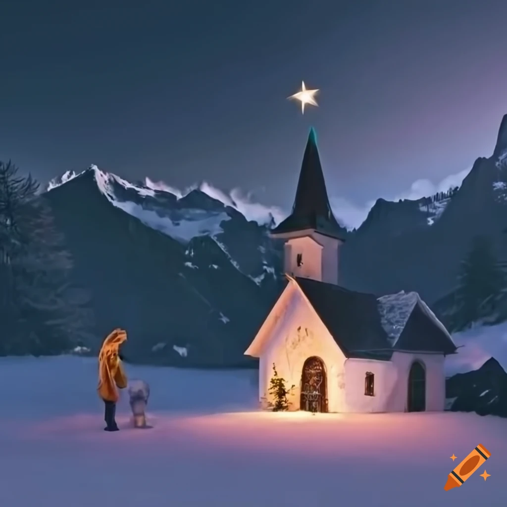 Festively lit christmas village with a chapel and children looking at a ...