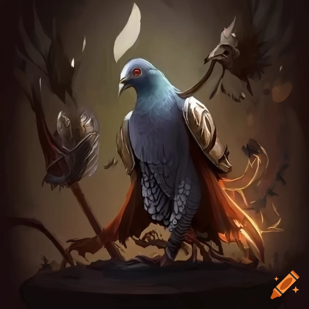 Illustration of a warrior pigeon in a fantasy setting on Craiyon