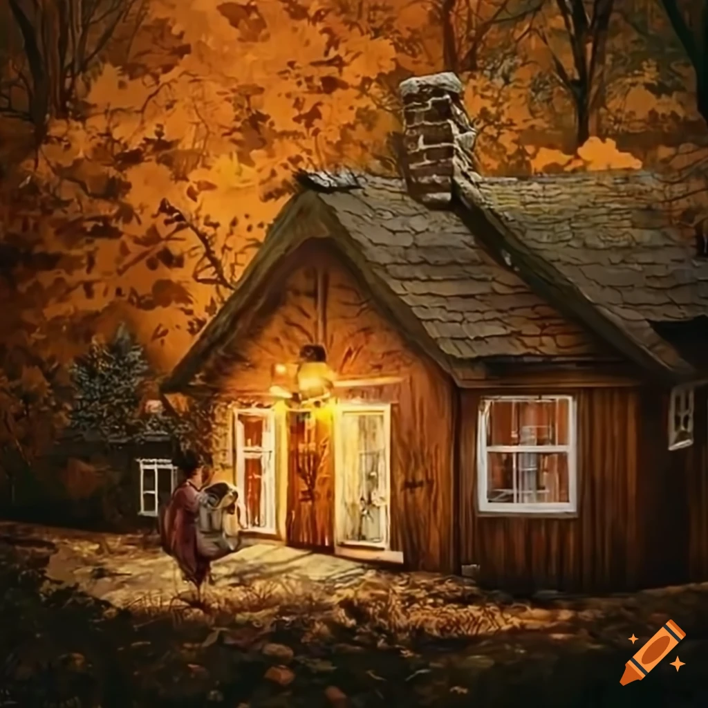 Cozy autumn cottage with people on Craiyon