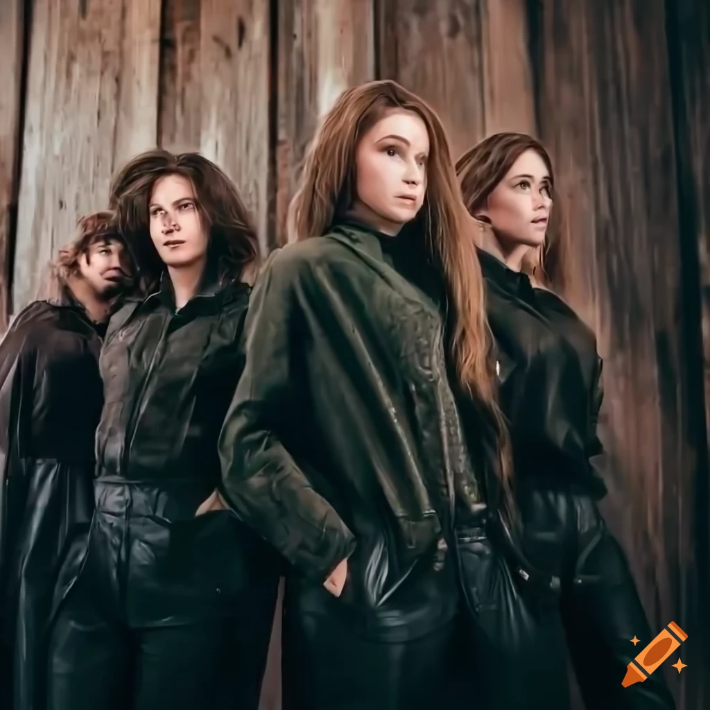 Group of stylish Irish women in plaid shirts and black leather trousers ...