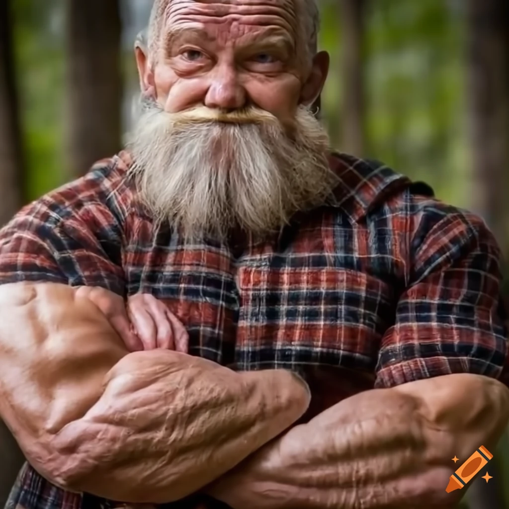 Muscular old man in flannel shirt