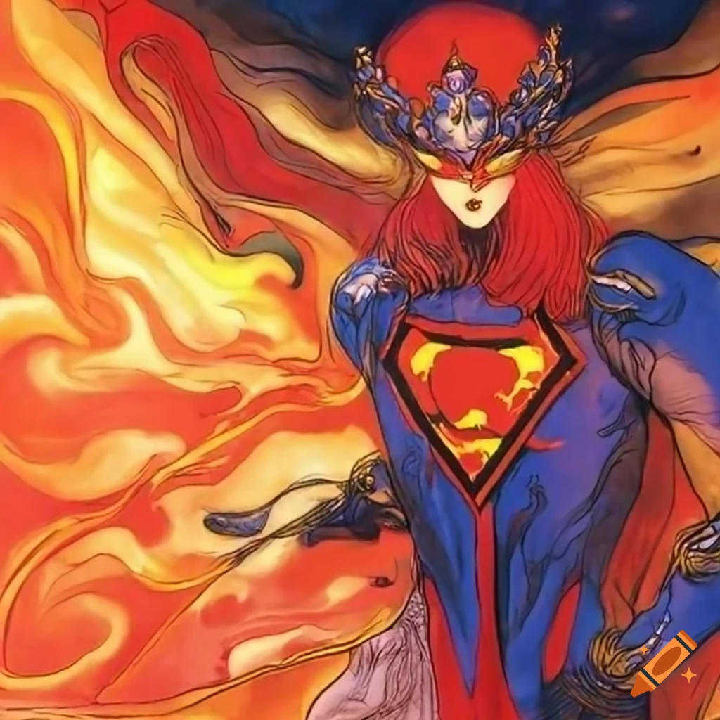 Yoshitaka amano-inspired artwork of a powerful fire element superhero ...