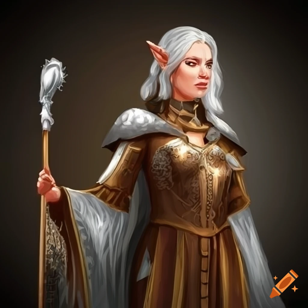Image of a female high elf in elegant armor with a staff on Craiyon