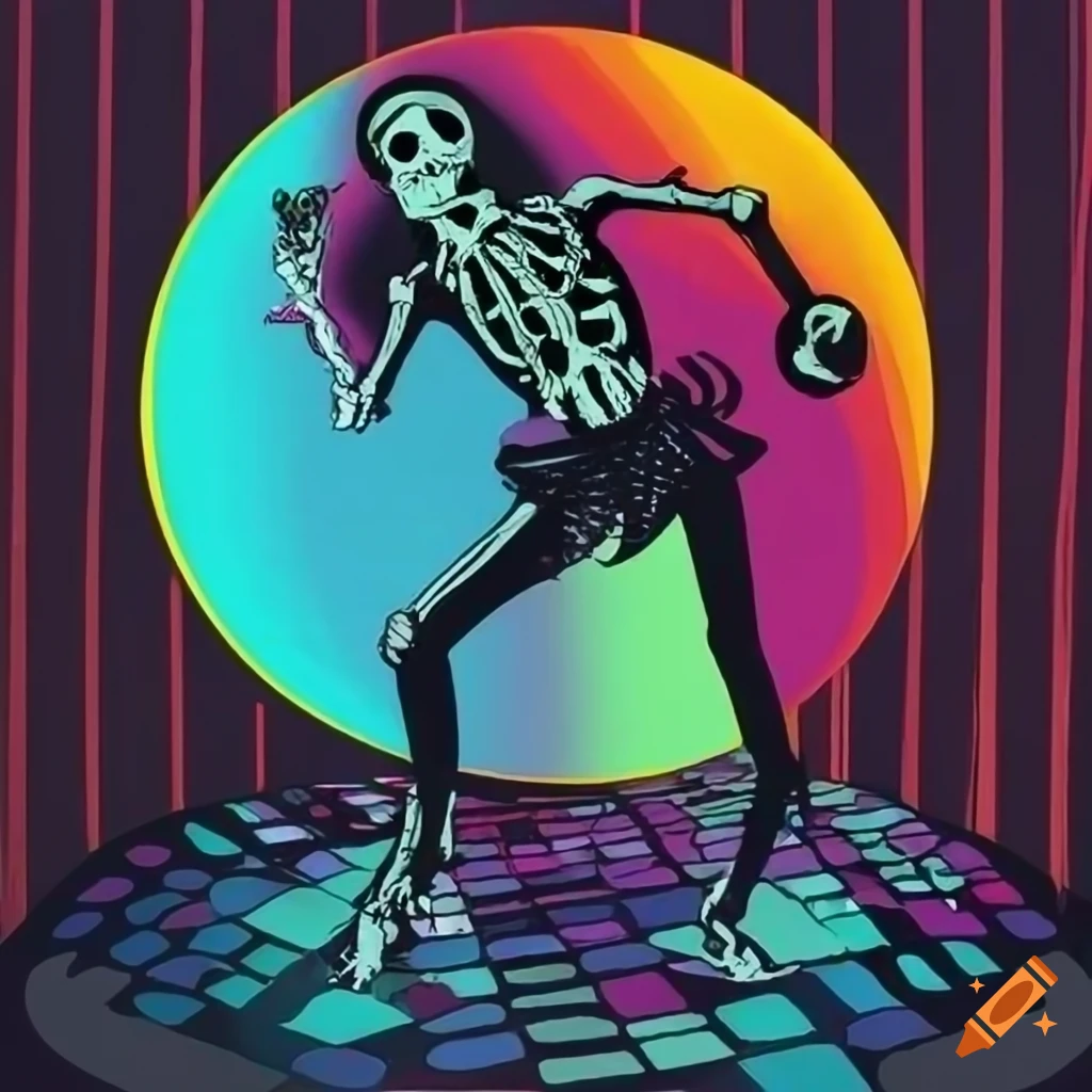 Retro Halloween disco poster with DJ and skeleton dancers on Craiyon
