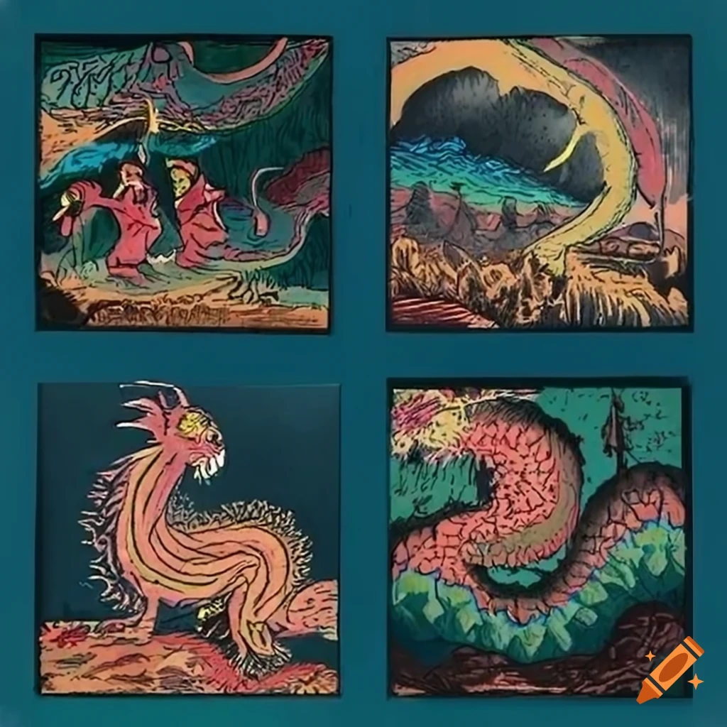 Detailed pen and ink landscape with mythical creatures on Craiyon