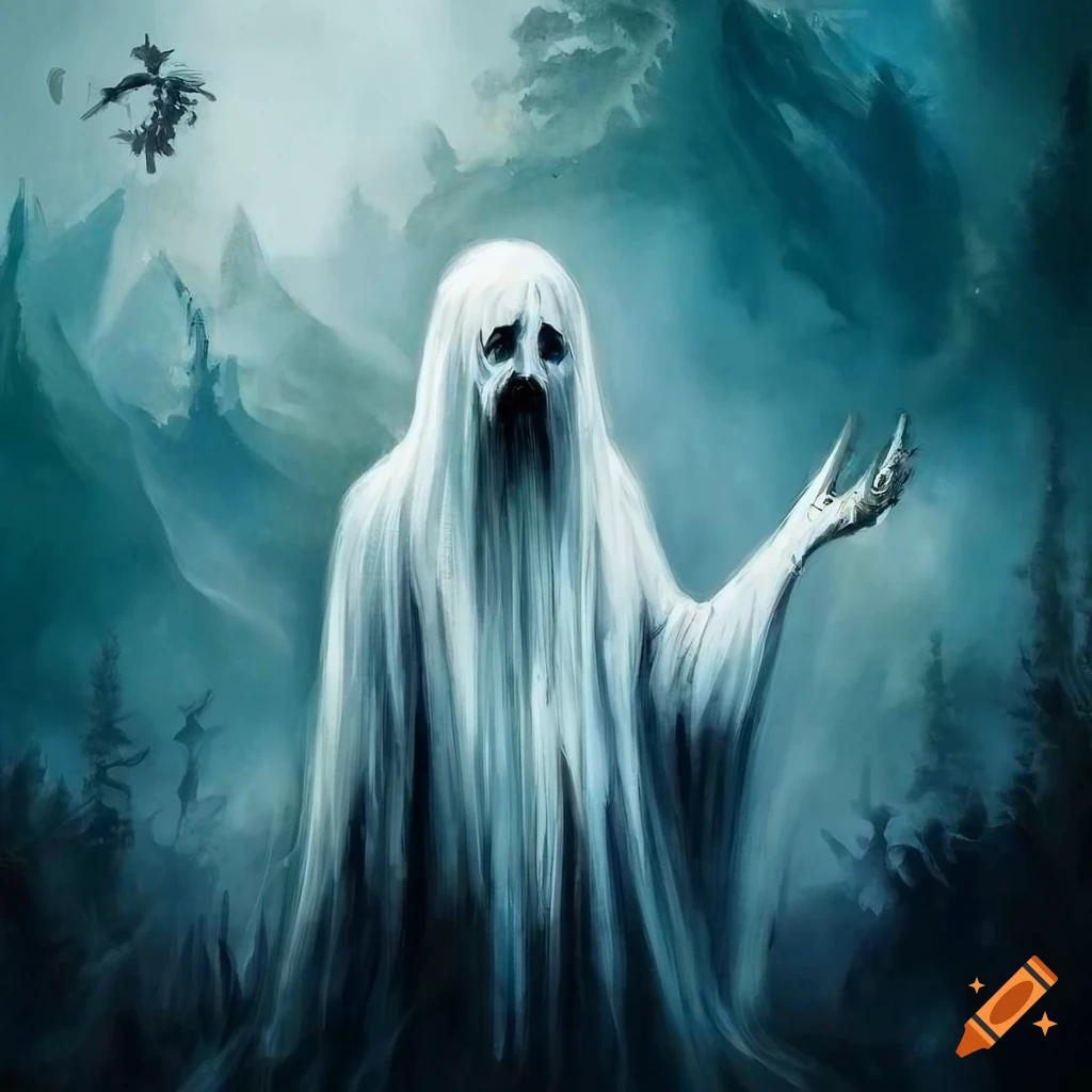 Illustration of a white ghost in a surreal setting on Craiyon
