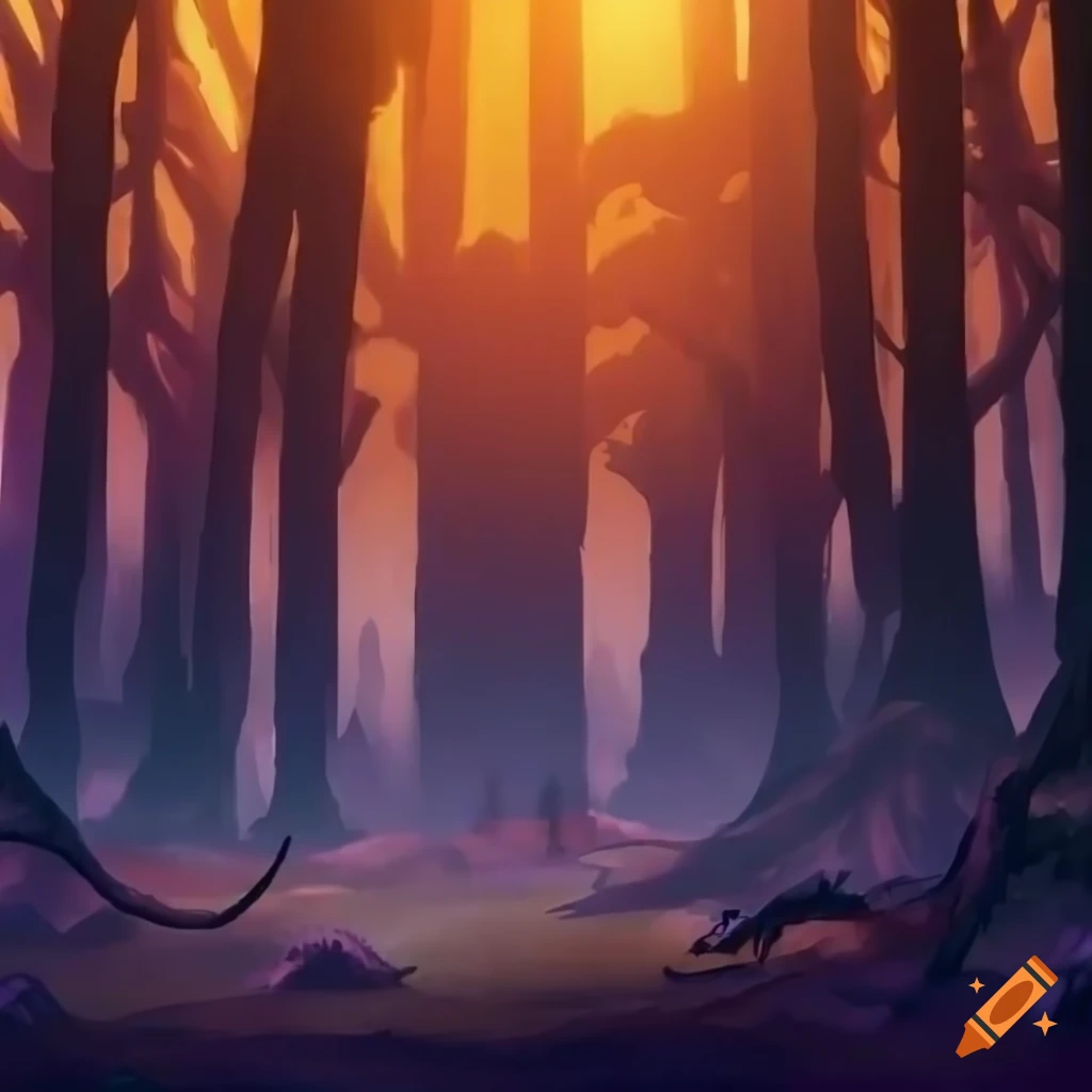 Impressionist fantasy savanna with purple grass and alien biped ...