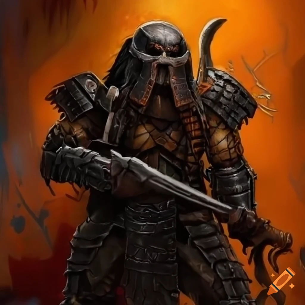 Predator-inspired dwarf character in black and orange armor