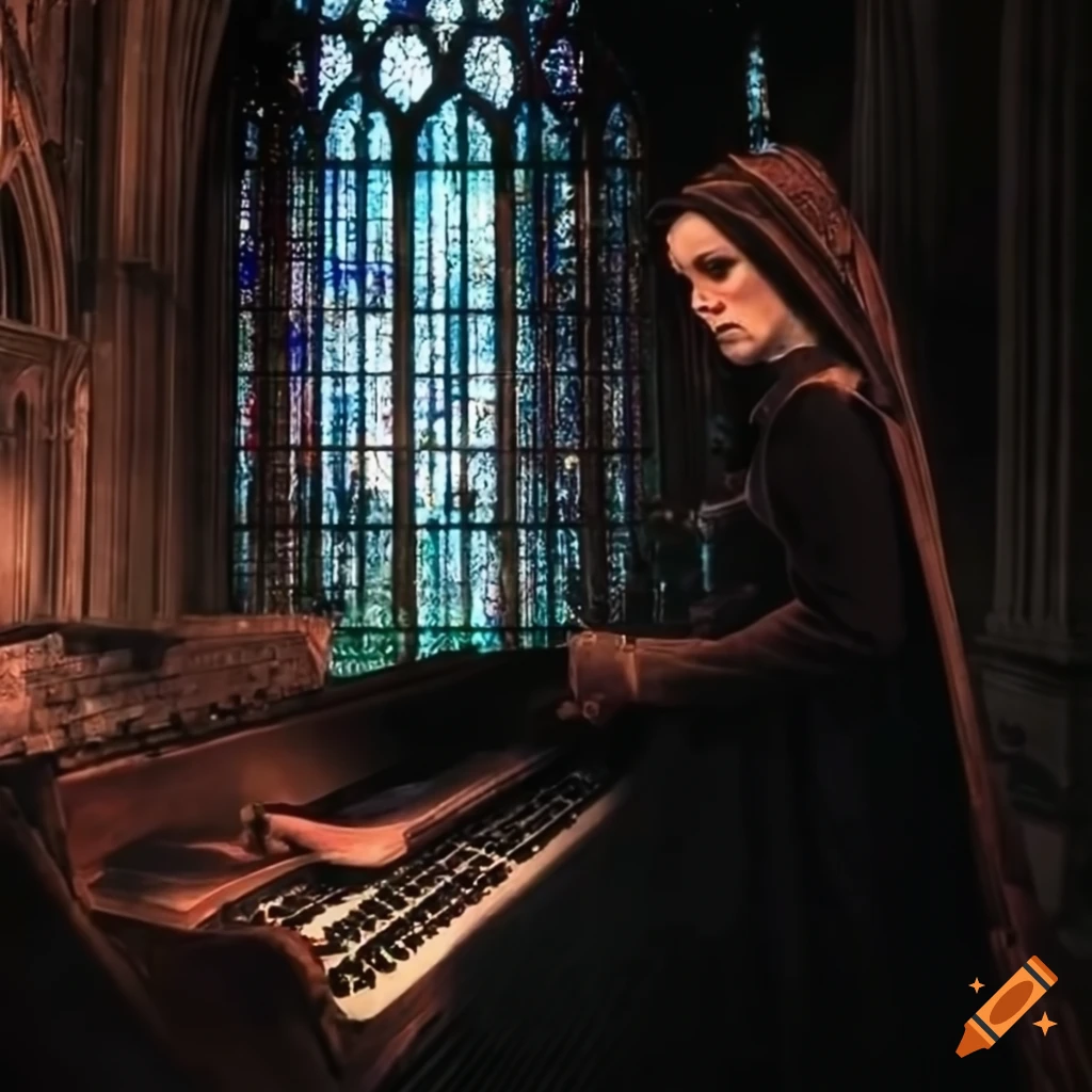 Gothic keyboard player in a cathedral