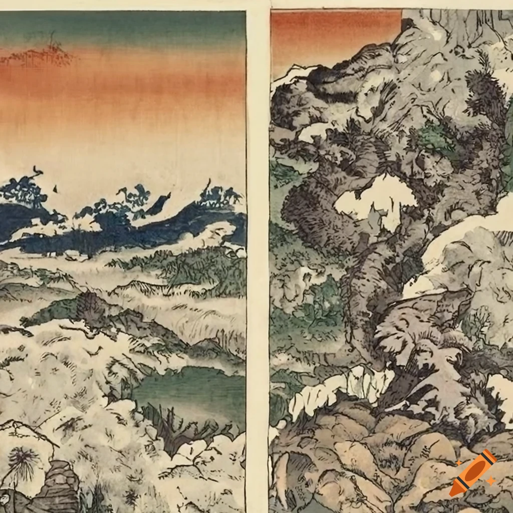 Color pen and ink landscape with mythological creatures on Craiyon