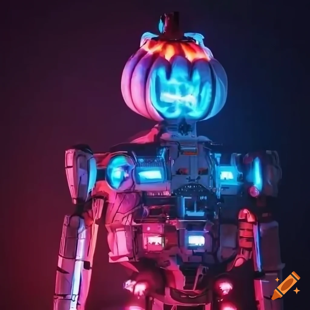 Concept art of a spooky pumpkin-headed robot on Craiyon