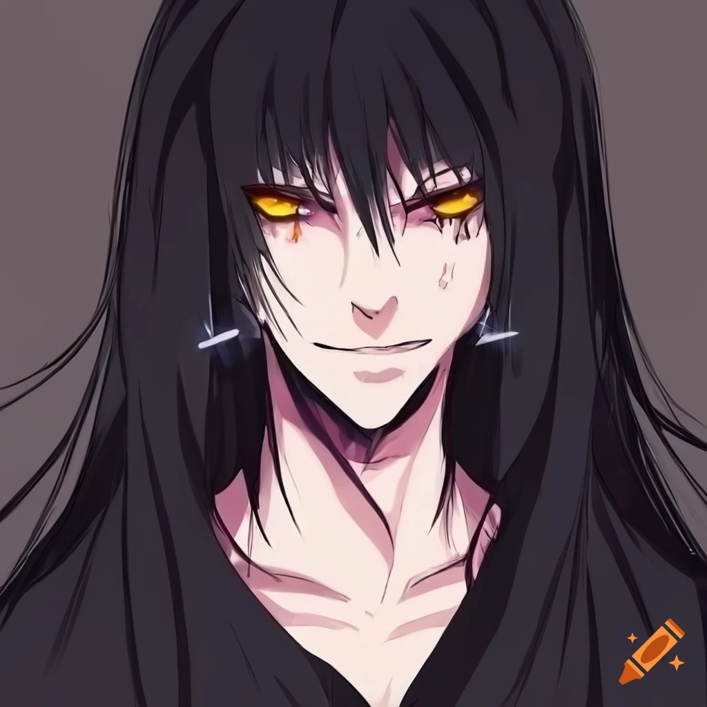 Anime-style illustration of a pale man with glowing yellow eyes and ...