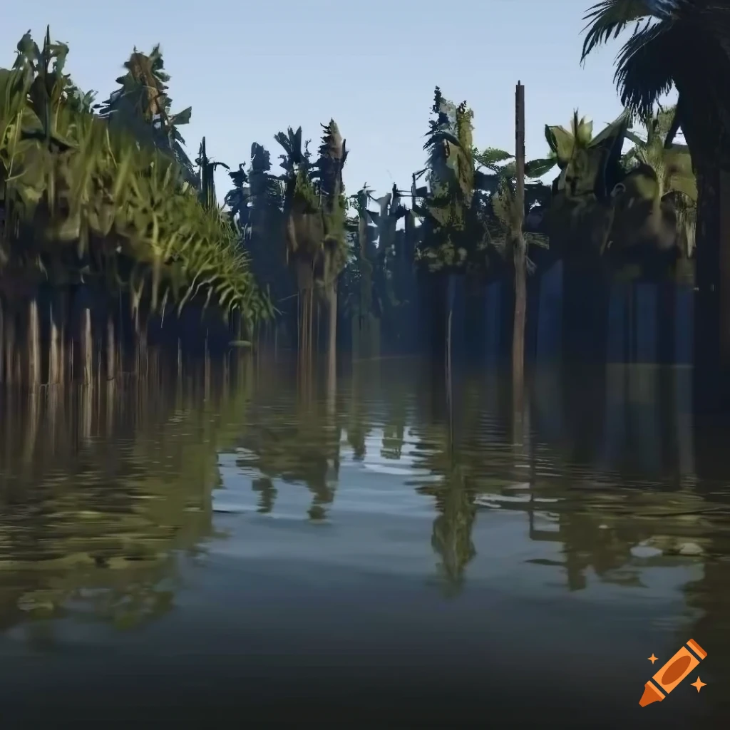 Photorealistic render of a swamp with flowing mud water on Craiyon