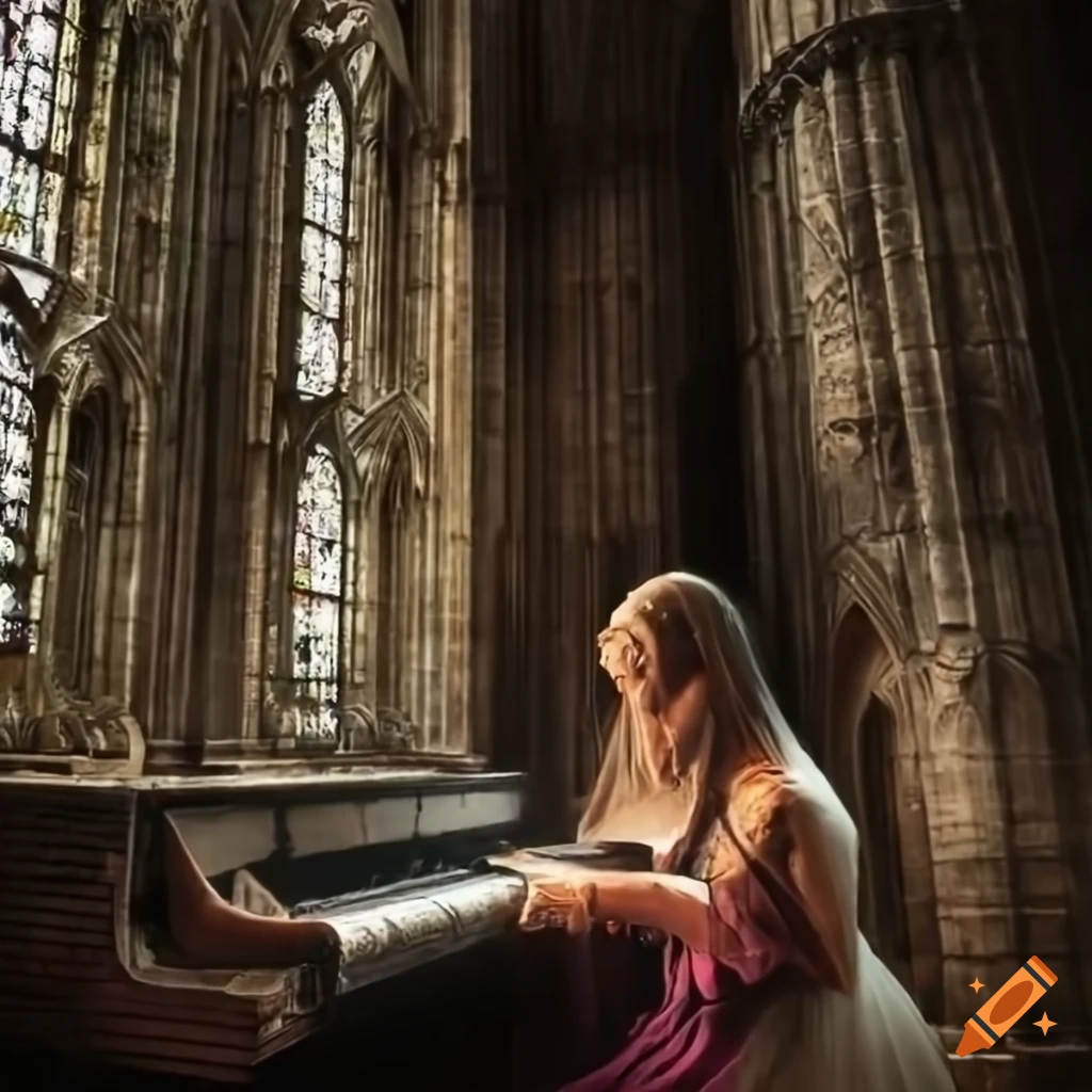 Gothic keyboard player in a cathedral