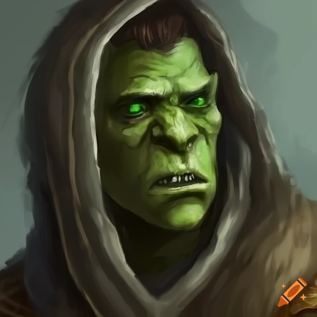 Portrait of a sad and depressed half-human half-orc