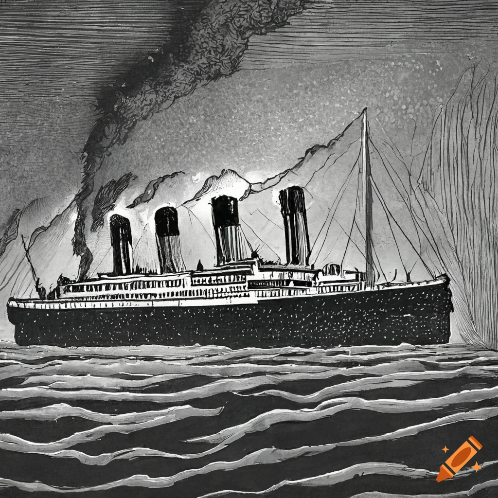 Black and white ink drawing of the titanic on the sea
