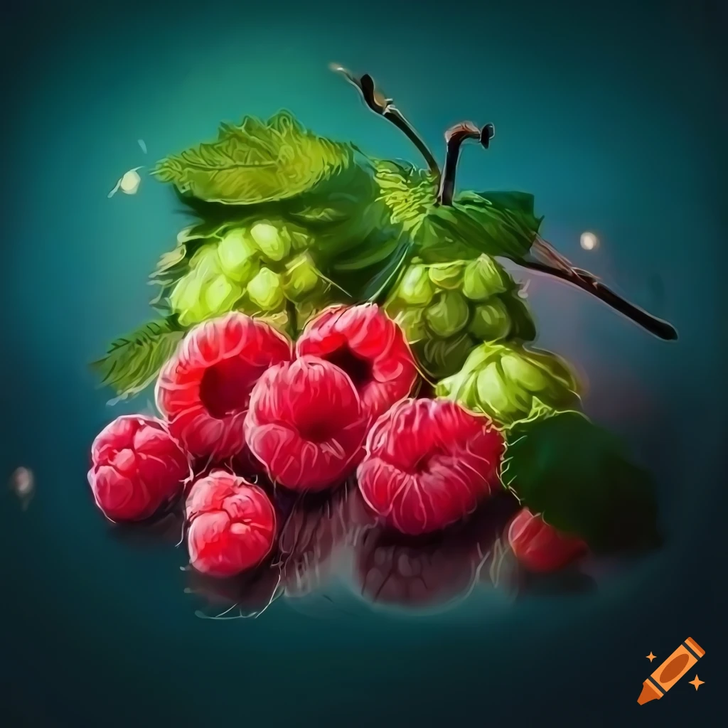 Closeup of photorealistic hops and raspberries artwork on Craiyon