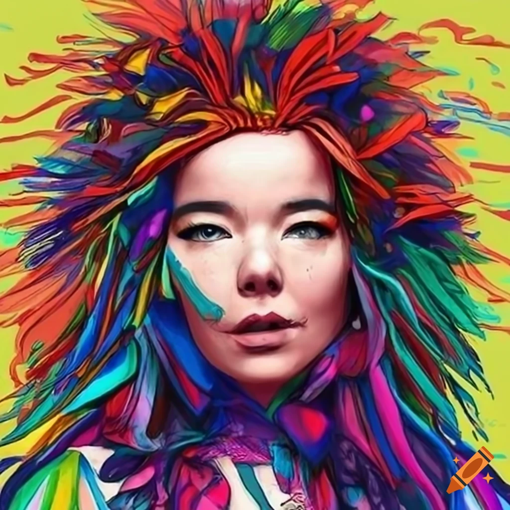 Colorful cartoon illustration of bjork on Craiyon