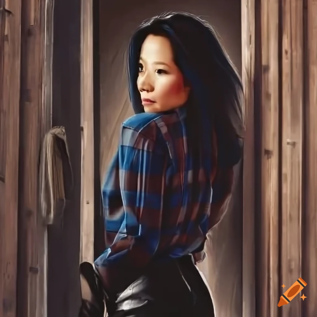 Lucy Liu look-alike wearing plaid shirt and black leather trousers ...