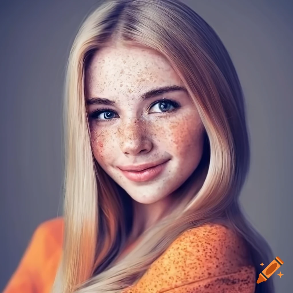 Portrait of a smiling young woman with freckles and blonde hair on Craiyon