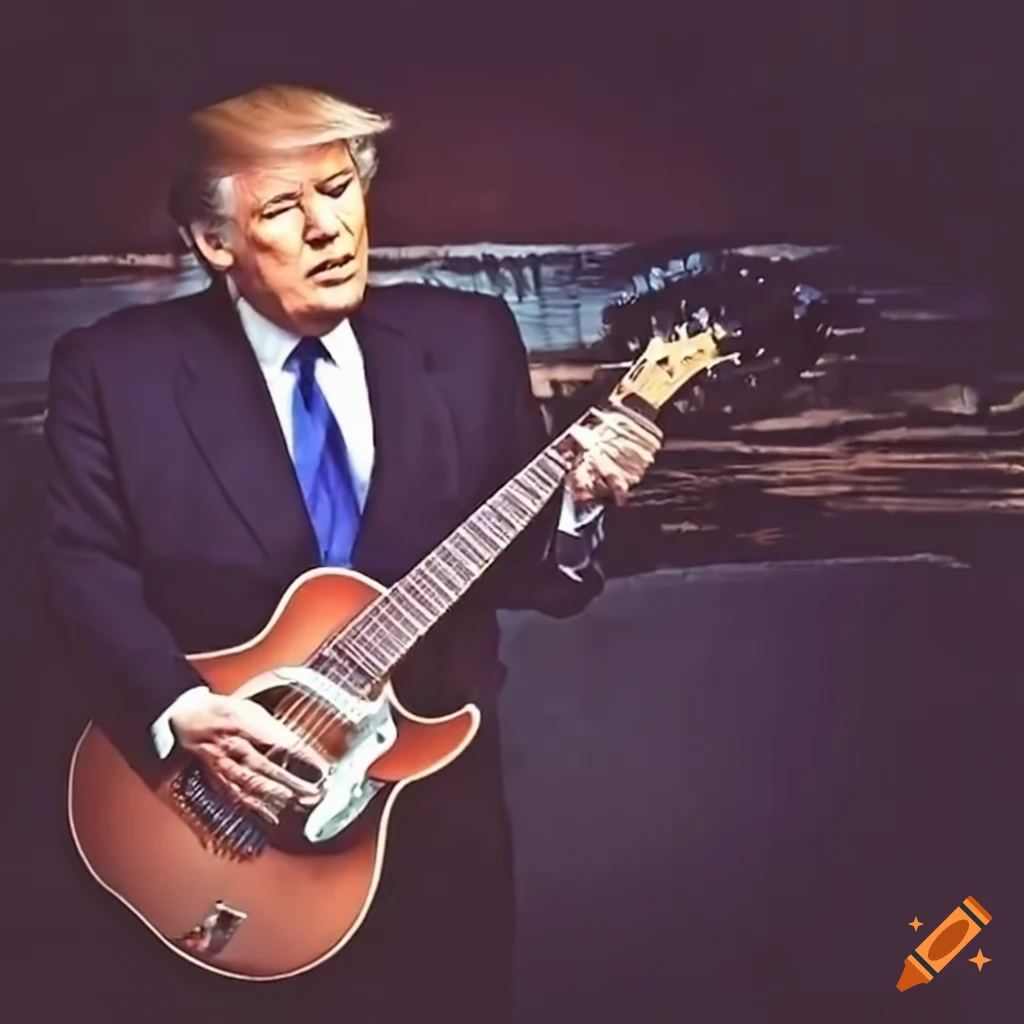 Political satire image of donald trump playing guitar on a battlefield ...