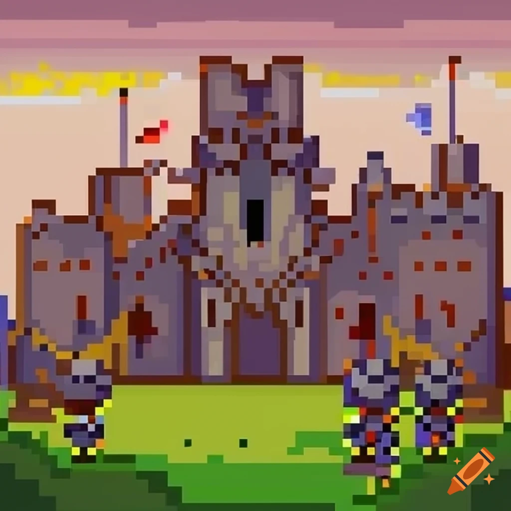 Pixel art of knights standing in front of a castle on Craiyon