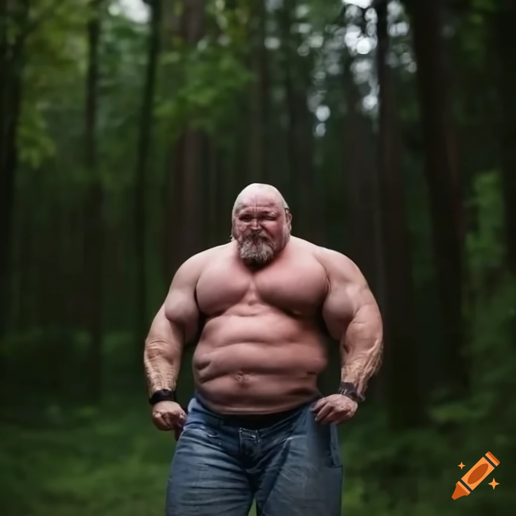 Strongman in flannel shirt and jeans in the forest on Craiyon