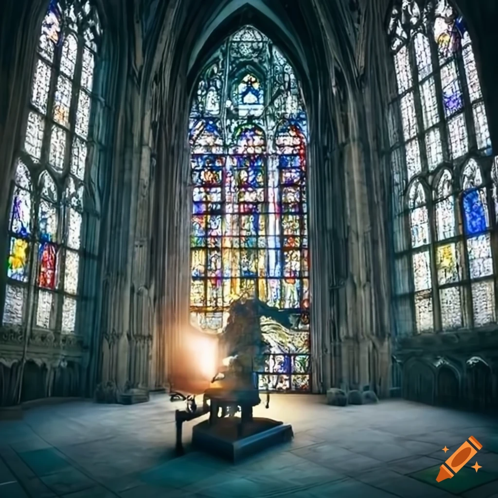 Artistic depiction of robot keyboard players in a cathedral on Craiyon