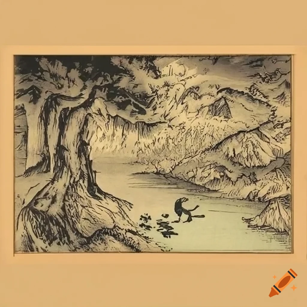 Detailed pen and ink landscape with mythical creatures on Craiyon