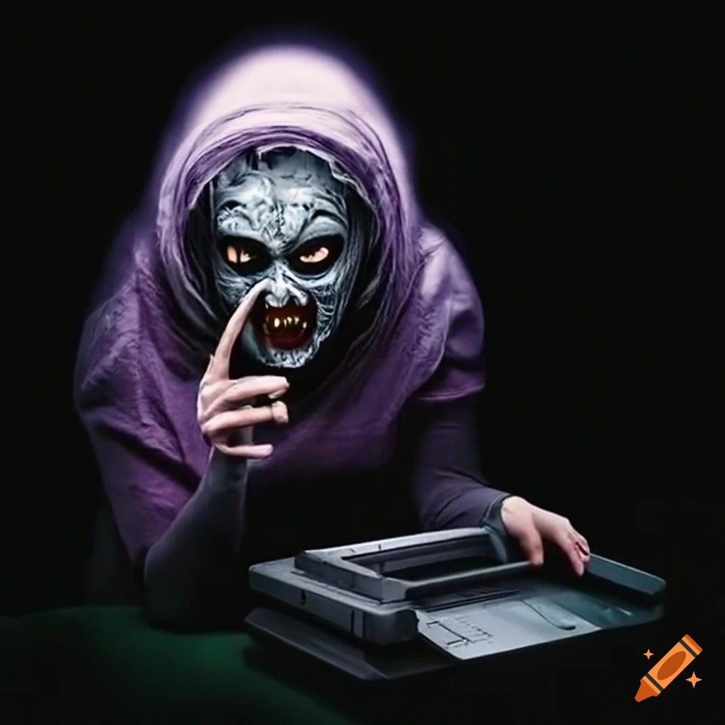 Scary halloween image of a woman using a copier on Craiyon