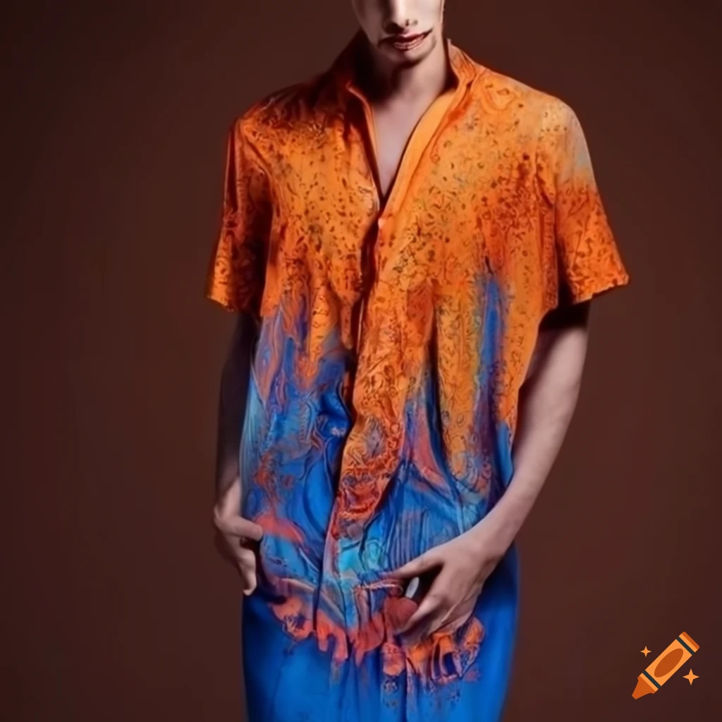 Orange and blue flowing pattern men's shirt on Craiyon