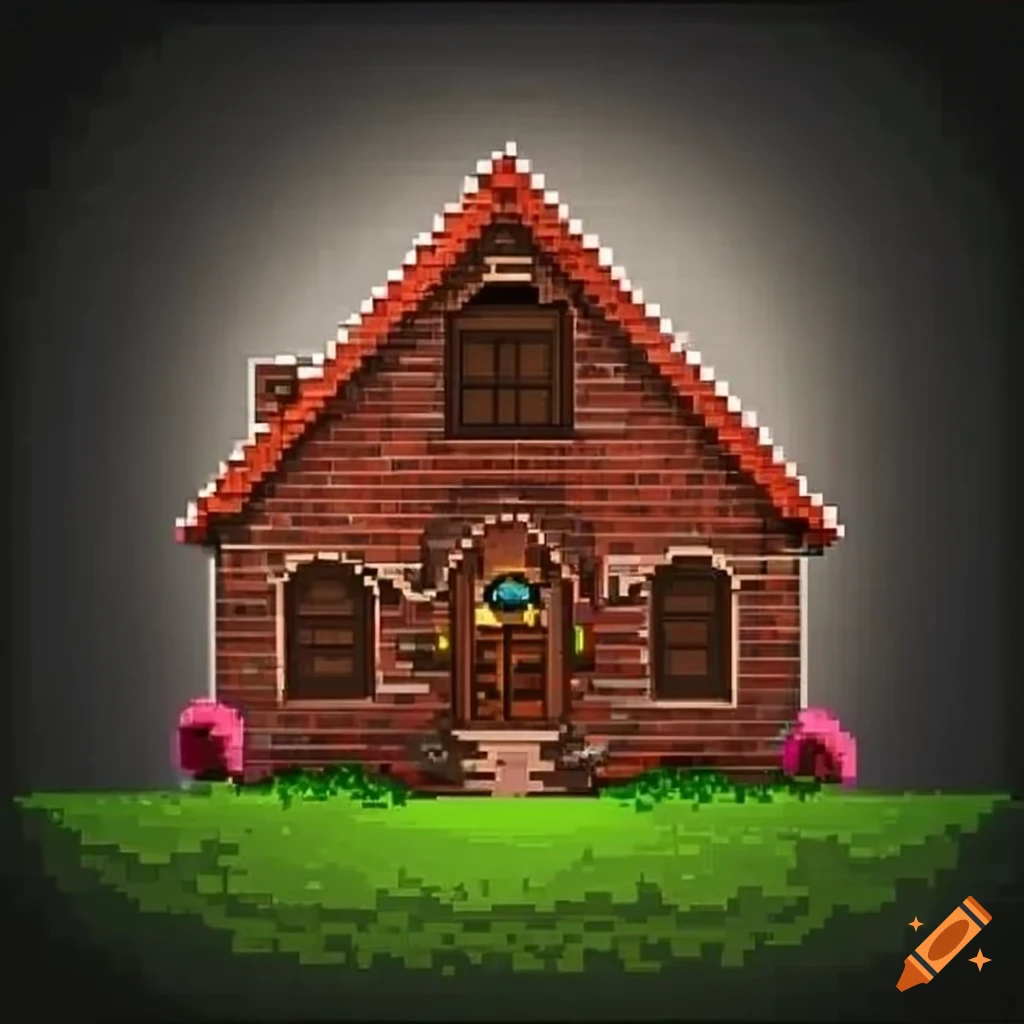 Pixelated brick house in a classic videogame