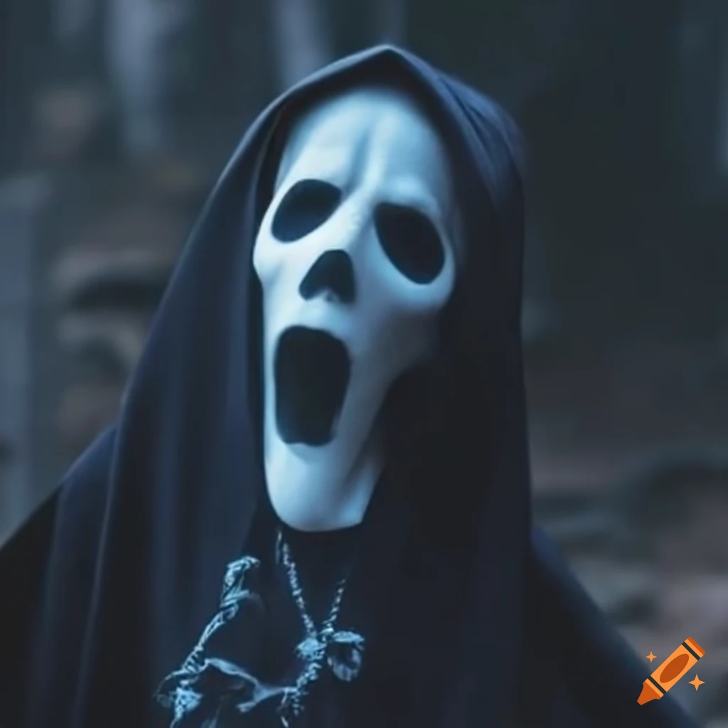 Ghostface from scream wearing a purple robe with a shopping bag on Craiyon