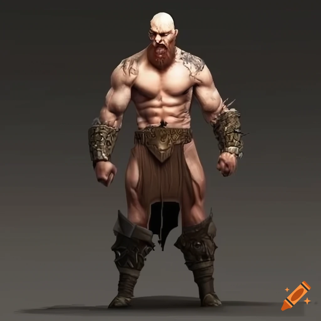Muscular bald bearded barbarian in spiked armor