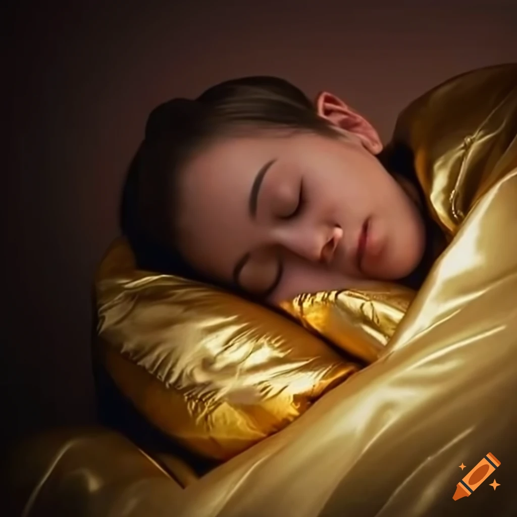 Teenage girl sleeping in a gold satin sleeping bag