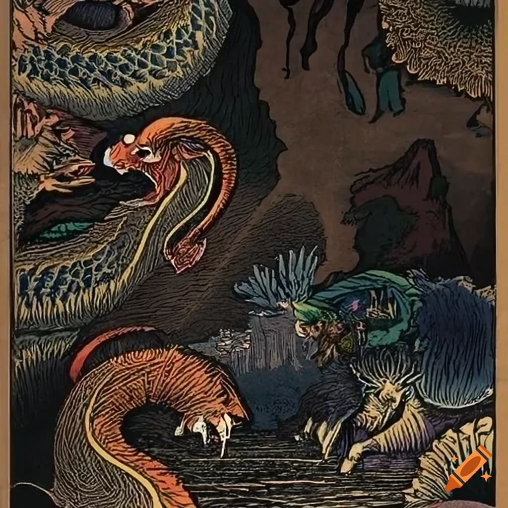 Color pen and ink landscape with mythological creatures on Craiyon