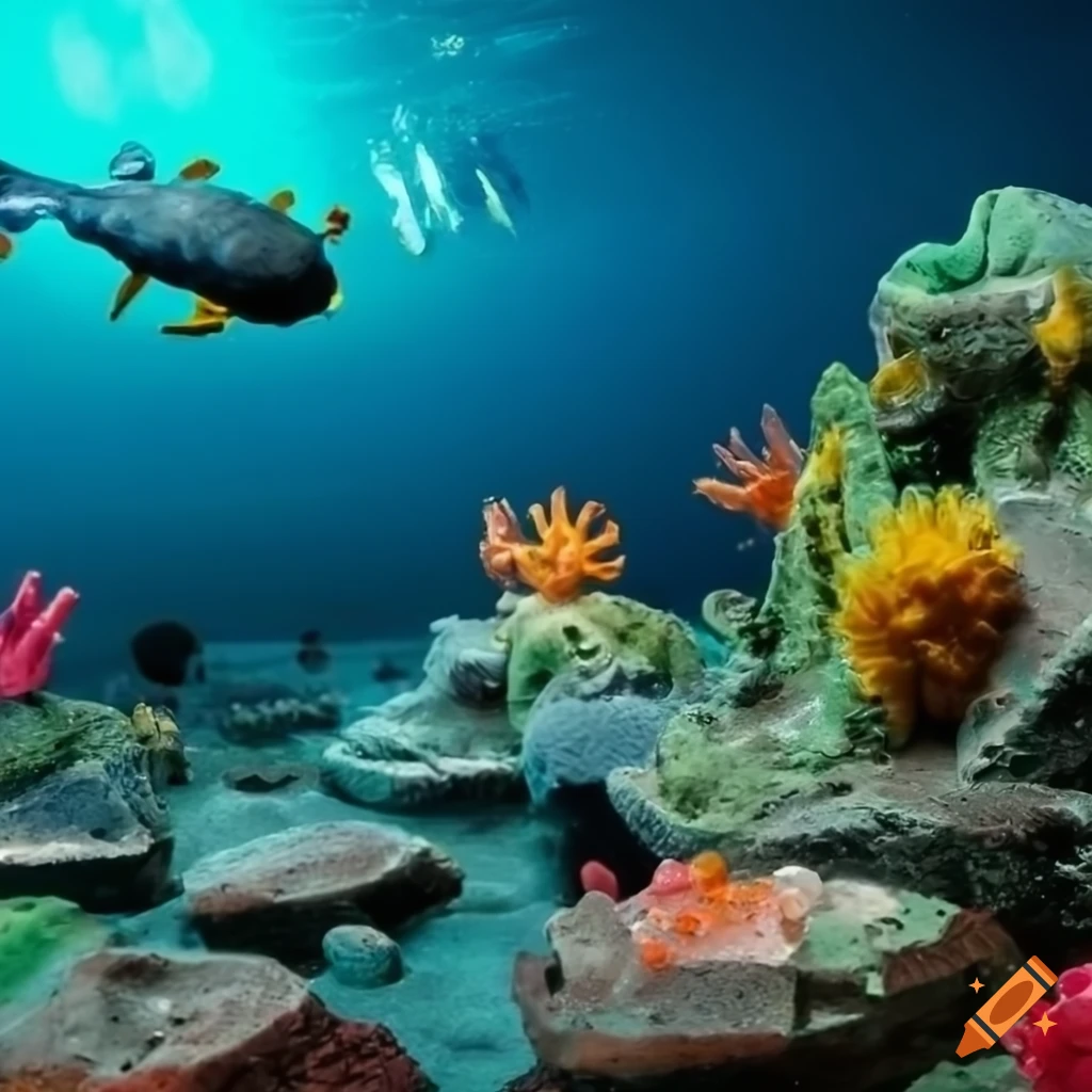 Miniature submarine in moss and coral setting on Craiyon