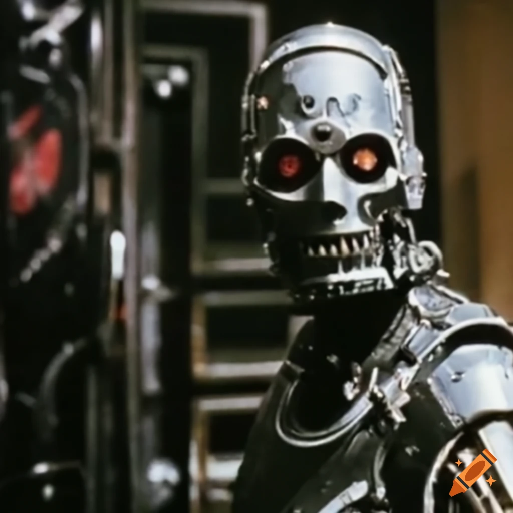 Sinister evil robot in a cinematic scene on Craiyon