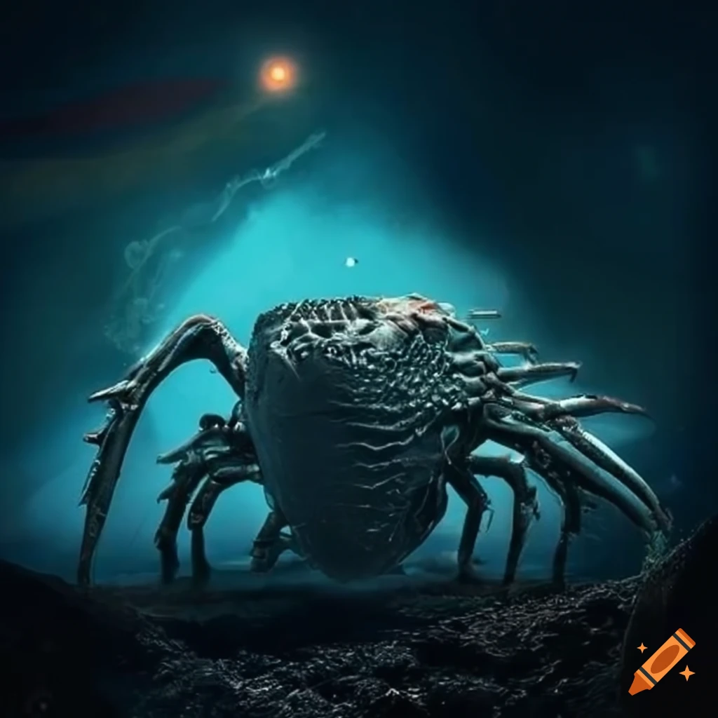 Digital art of giant crustacean merging with technology on Craiyon